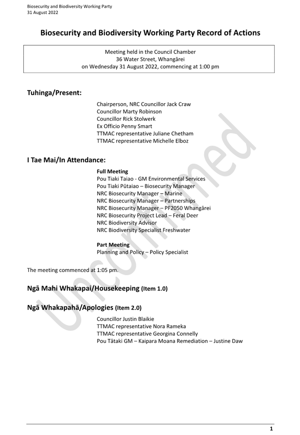 Agenda of Biosecurity and Biodiversity Working Party - Tuesday, 21 February 2023
