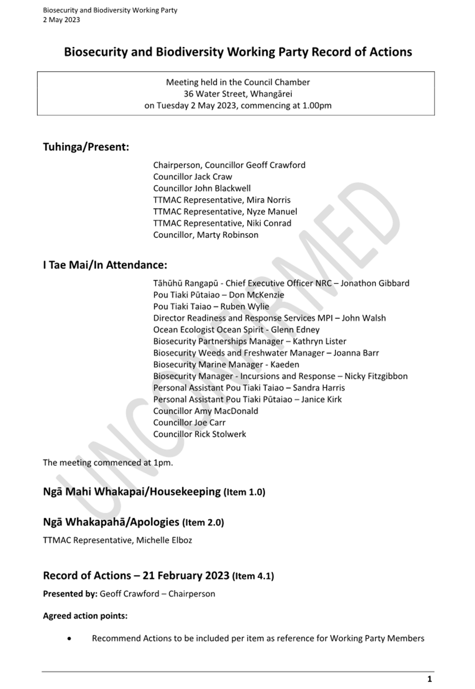 Agenda of Biosecurity and Biodiversity Working Party - Tuesday, 29 August 2023